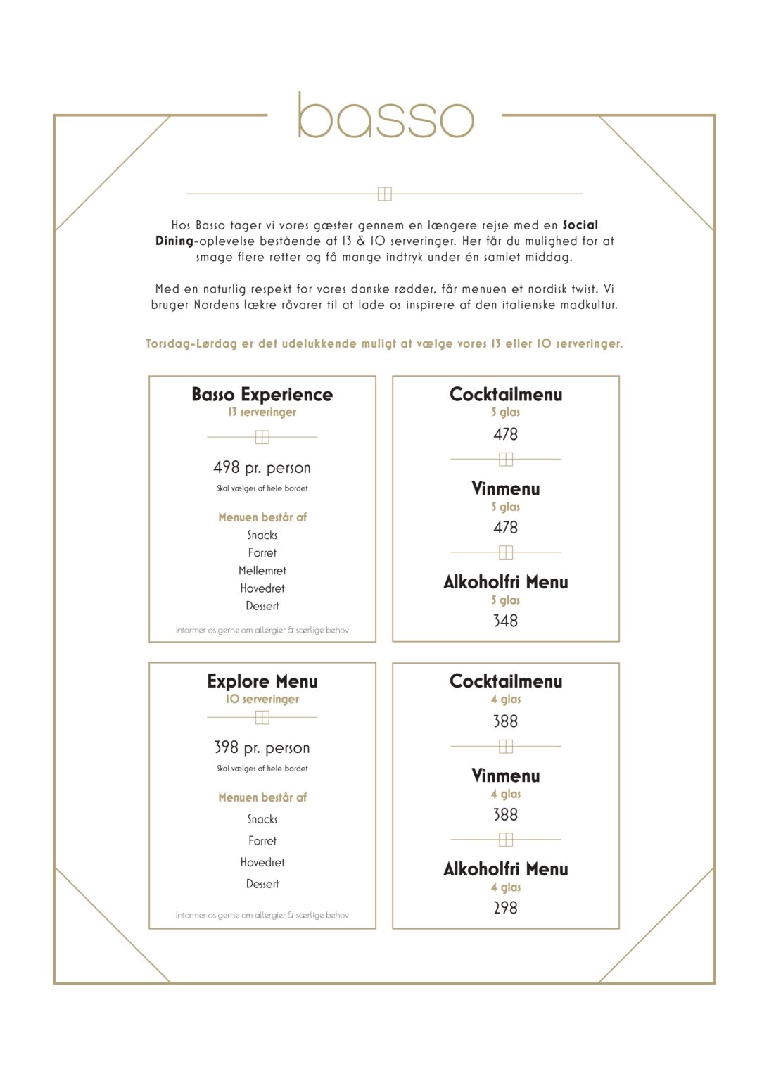 Menu - Restaurant Basso | Udforsk Social Dining Menu
