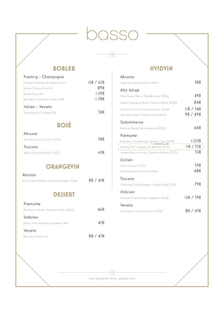 Menu - Restaurant Basso | Udforsk Social Dining Menu
